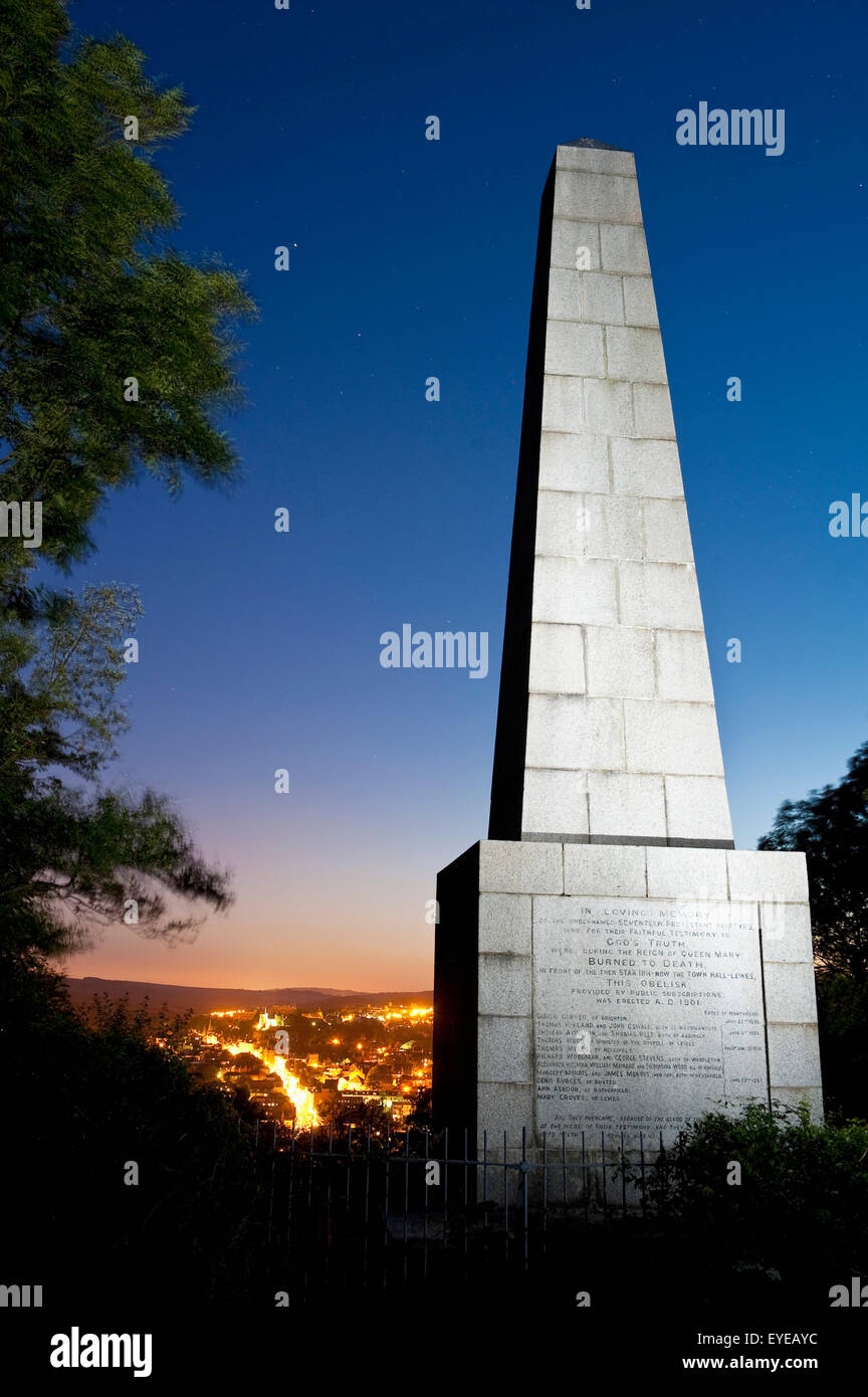 UK, Martyrs memorial at dusk on hill above Lewes; East Sussex Stock ...