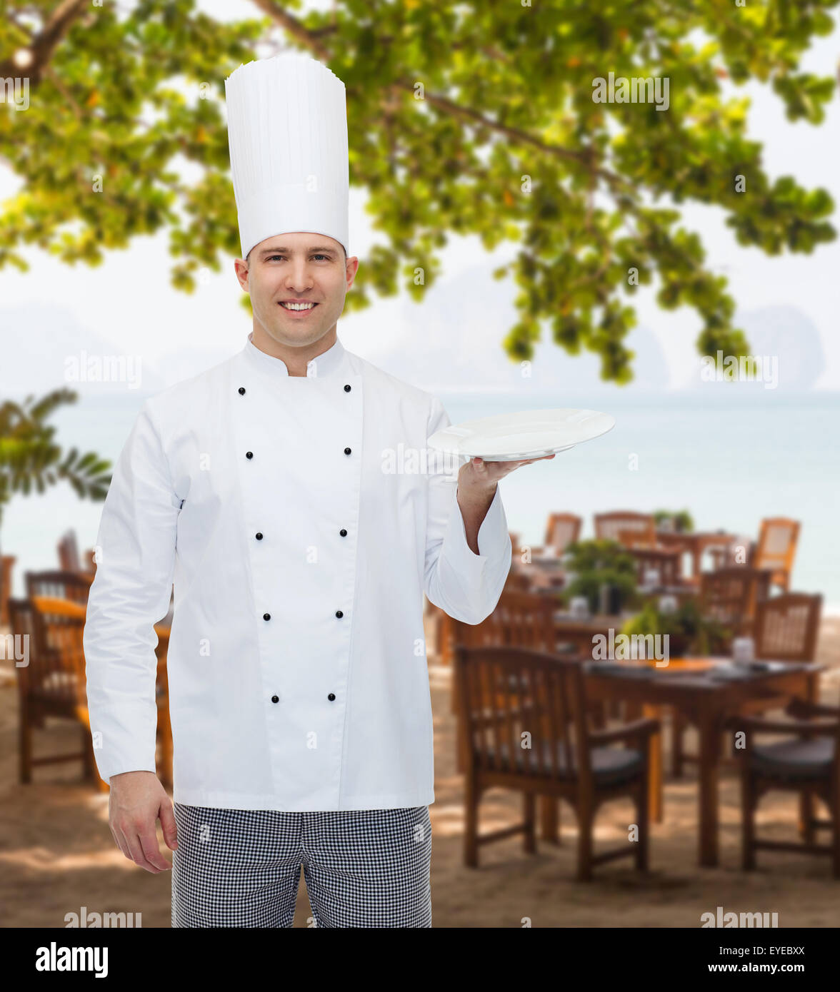 happy male chef cook showing empty plate Stock Photo - Alamy