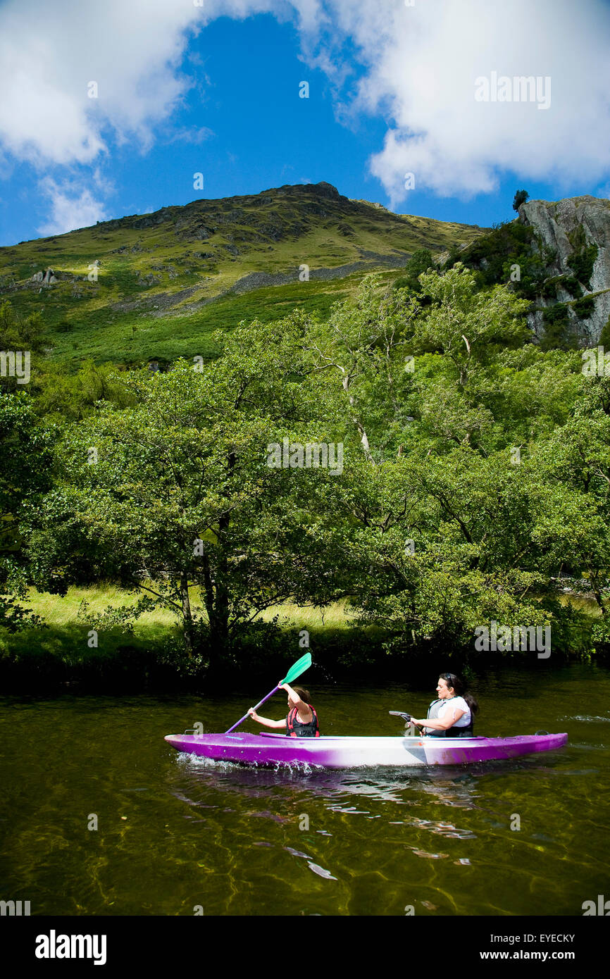 UK, Wales, North Wales, Snowdonia National Park, People kayaking near ...