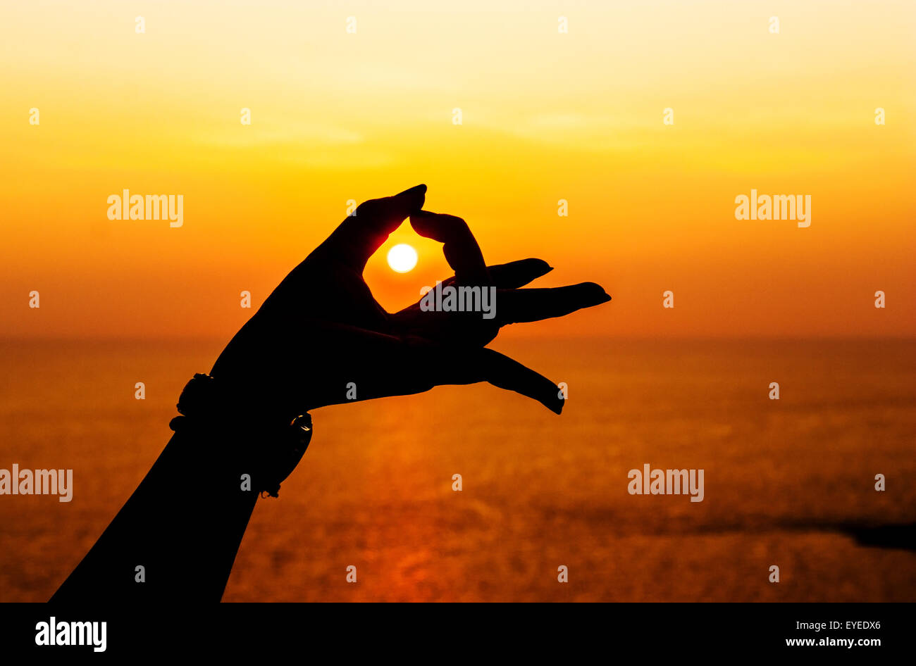 Silhouette, Hand with color of sunset Stock Photo - Alamy