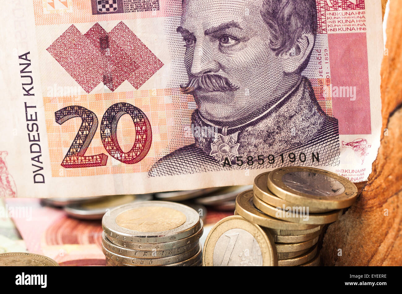 Money Euro 20 Kuna Bill and Coins one and two Euro Coins Stock Photo ...