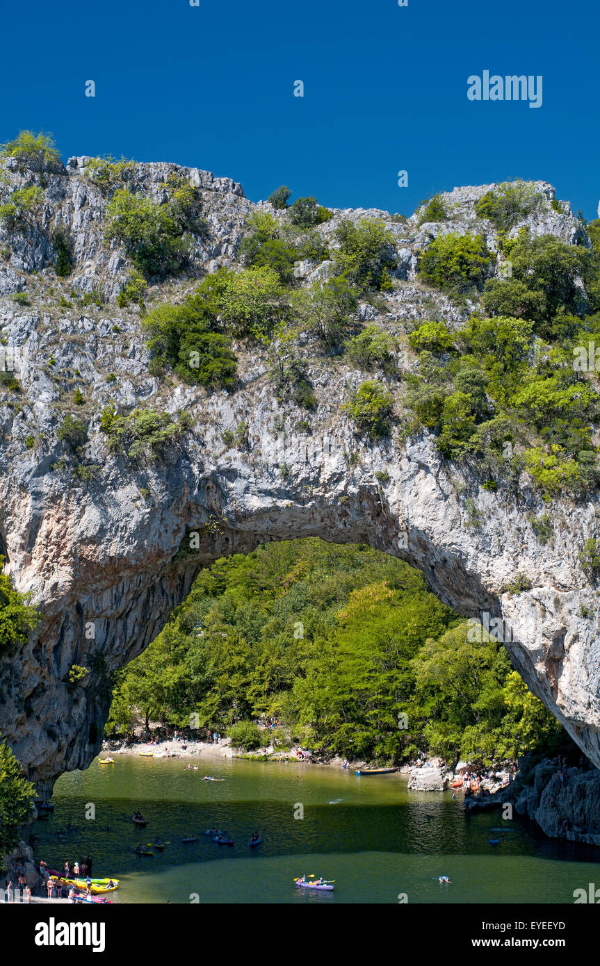 Kayaking throught the Pont d'Arc in the Gorges of the Ardeche river ...