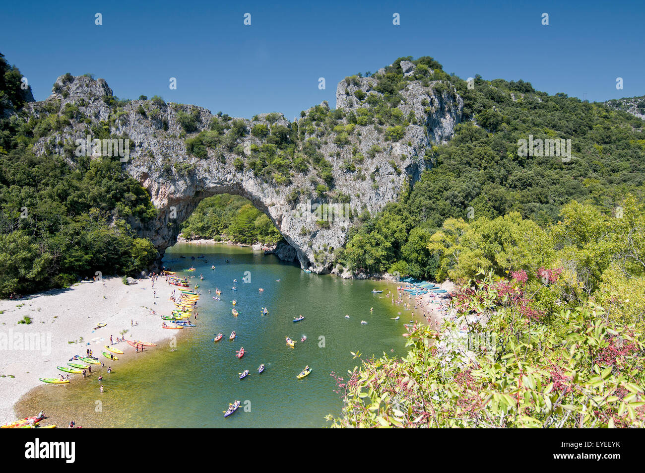 Kayaking throught the Pont d'Arc in the Gorges of the Ardeche river ...