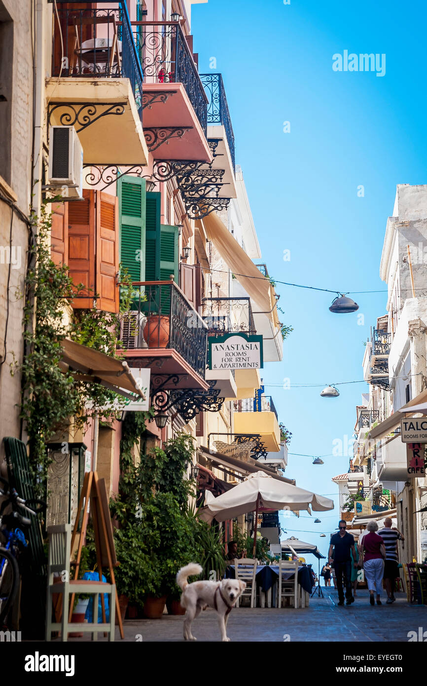 Colourful residential buildings along a street in old town; Chania ...