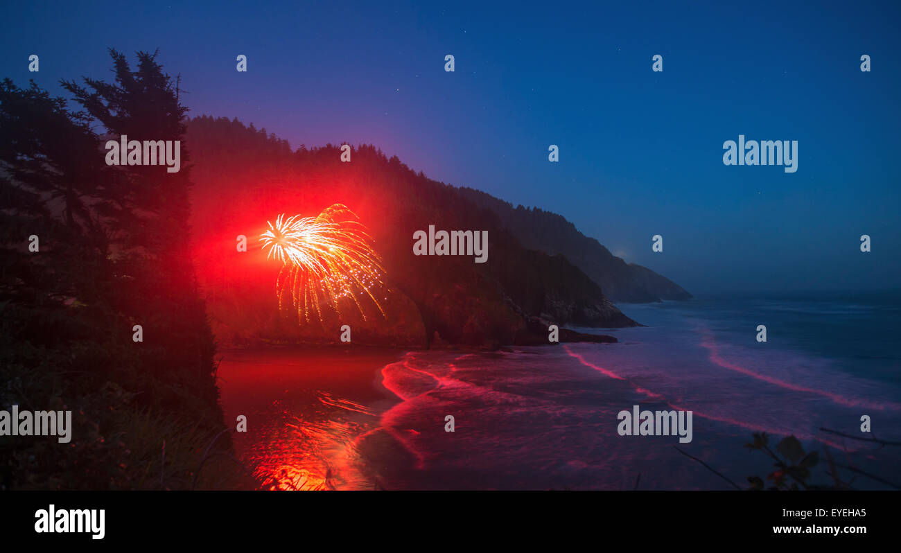 Fireworks erupting from the beach along the Oregon Coast; Oregon ...