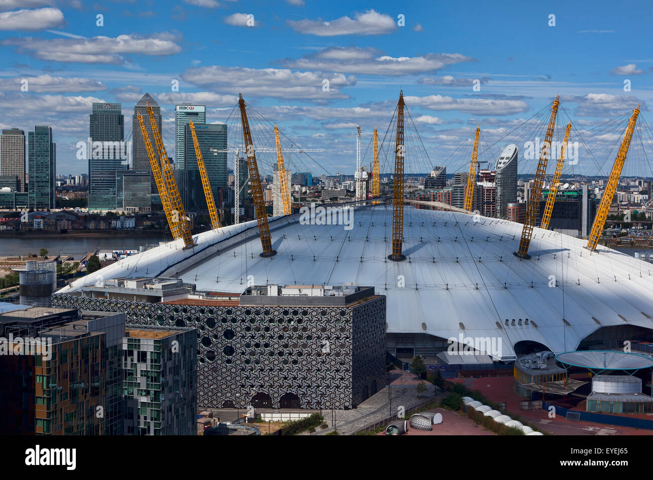 Elevated view of the O2 arena and Canary Wharf; London, England Stock ...