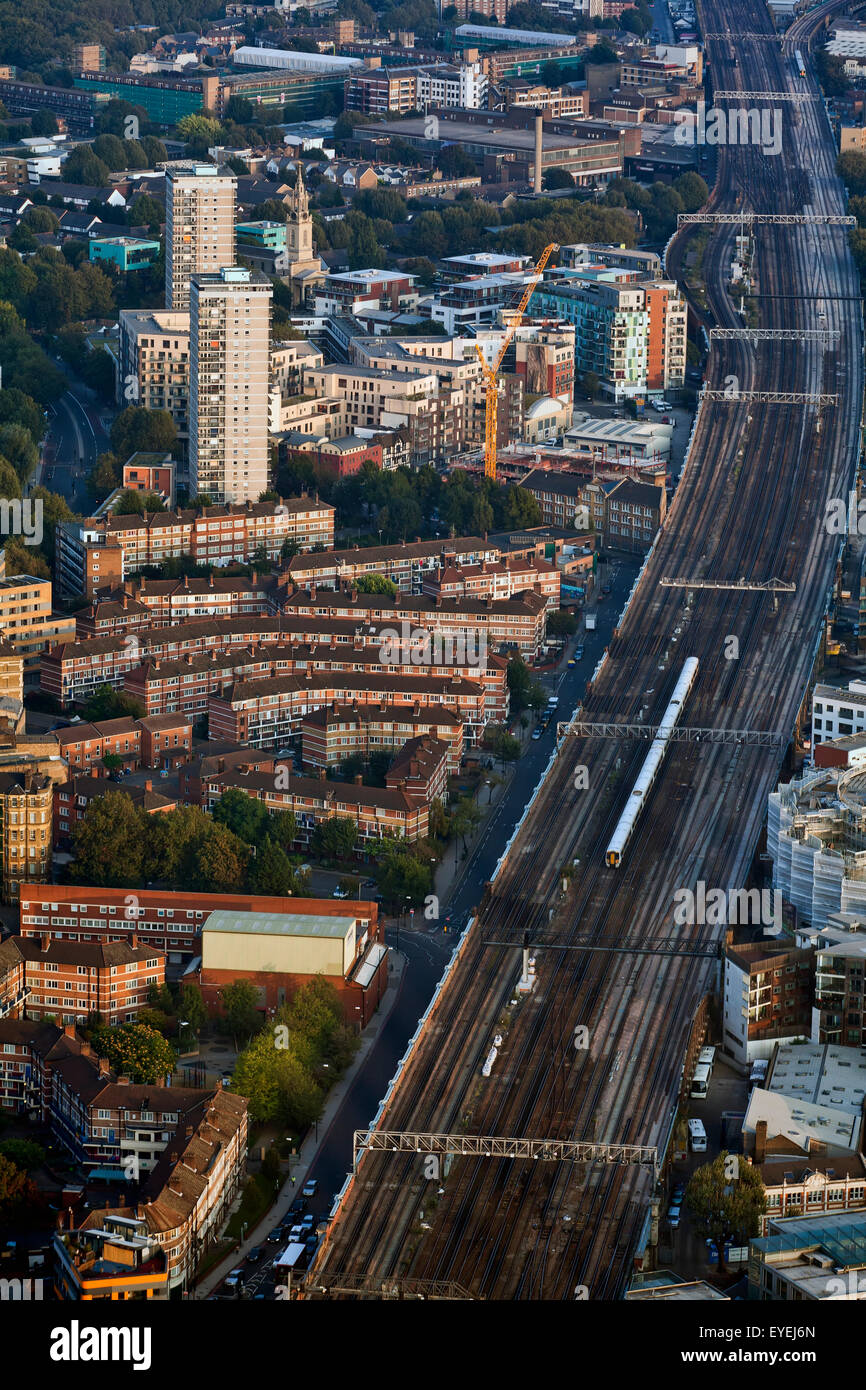 Elevated afternoon view of train lines into London Bridge station from ...