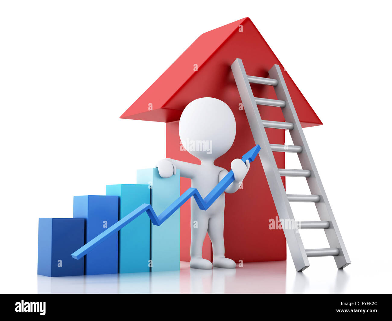 3d image. White business people with statistic graph, red arrow and ...