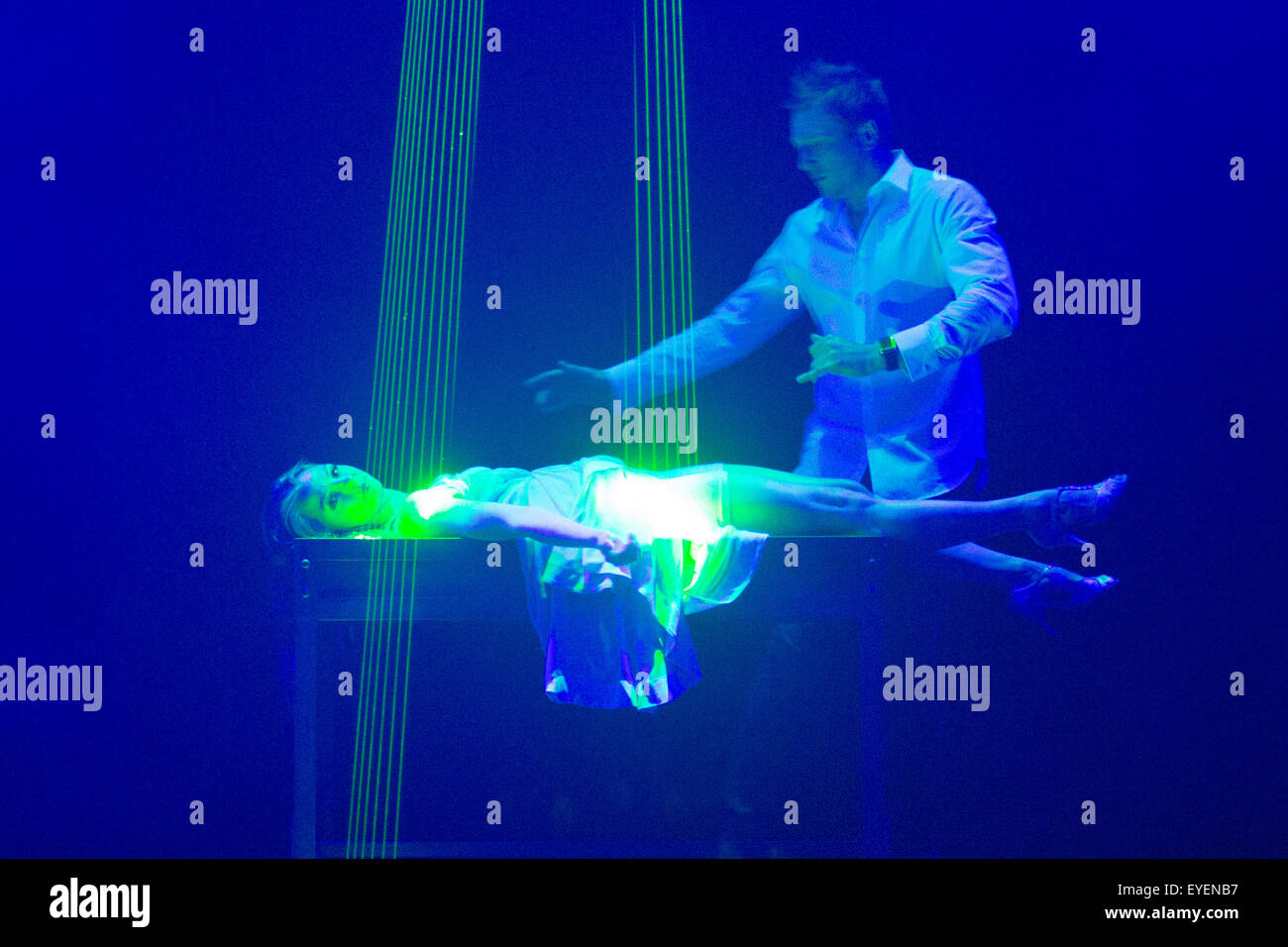London, UK. 28 July 2015. Pictured: Levitating stunt with magician ...