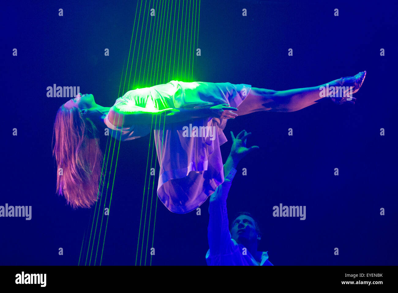 London, UK. 28 July 2015. Pictured: Levitating stunt with magician ...