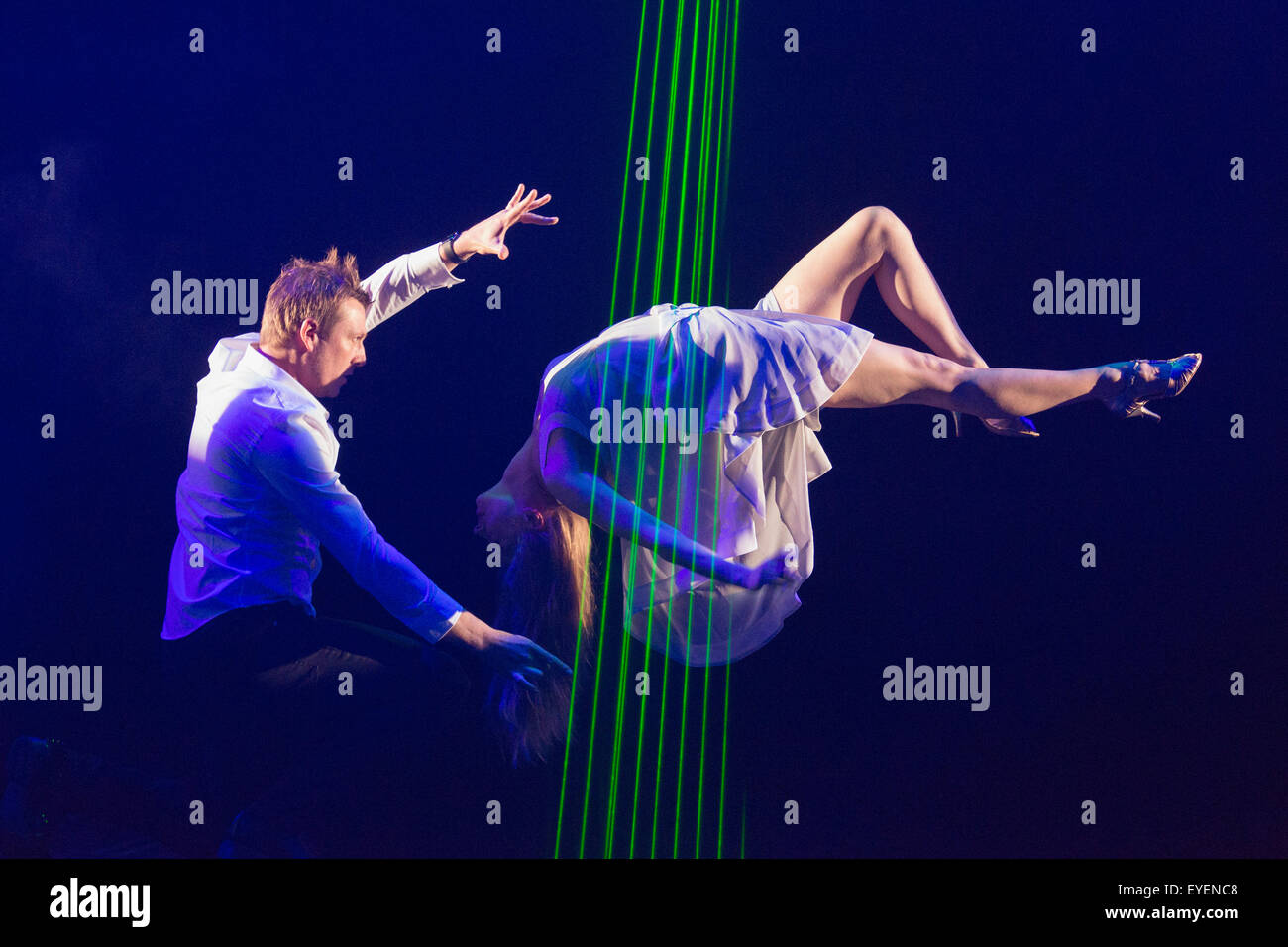 London, UK. 28 July 2015. Pictured: Levitating stunt with magician ...