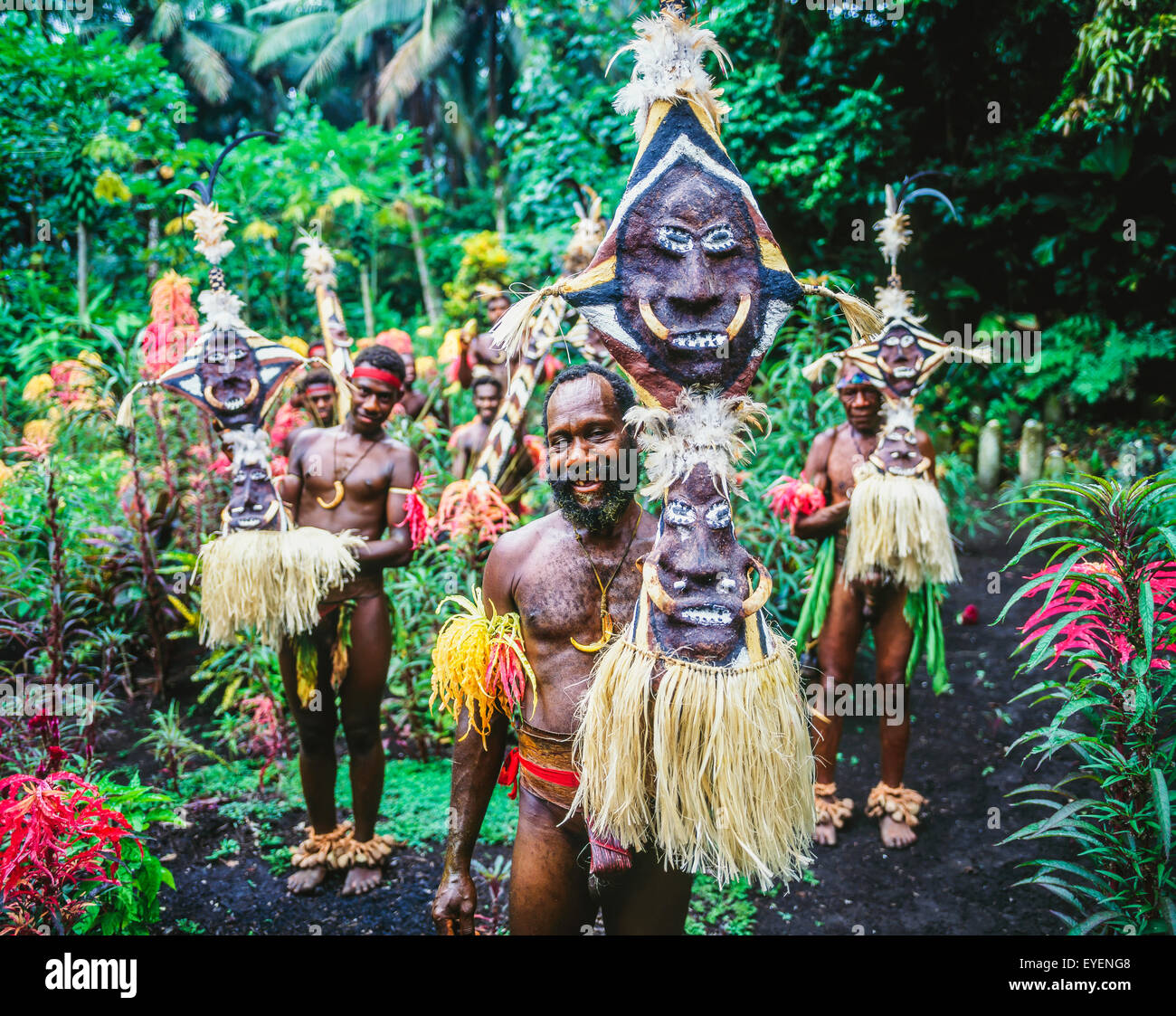 Tribesmen from the mountains of Melekula in traditional dress; Malekula ...