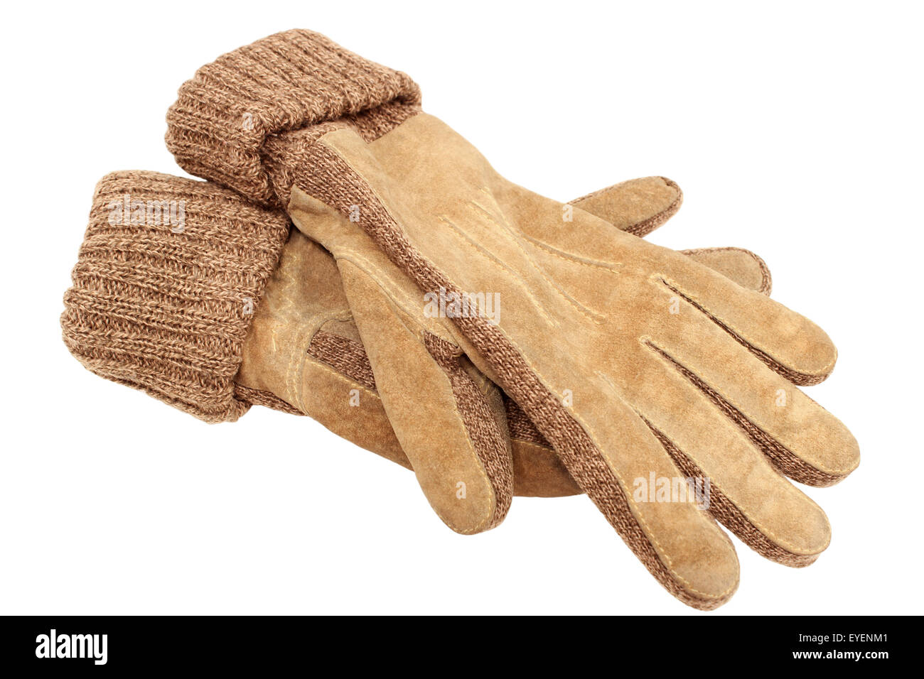 Suede gloves with knitted wool cuffs isolated on white background Stock ...