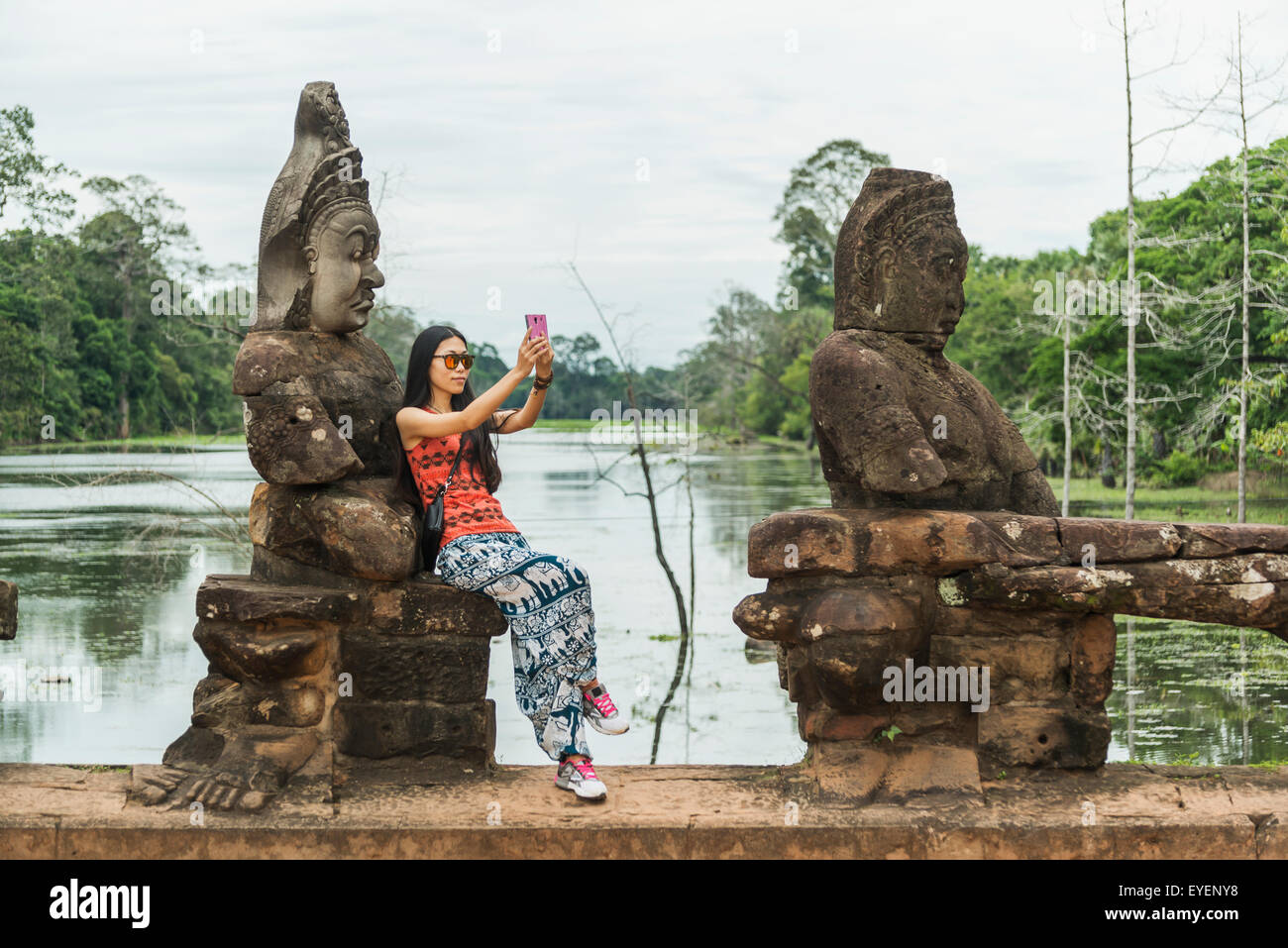 South gate of Angkor, connecting Bayon Wat and Angkor Wat; Siem Reap ...