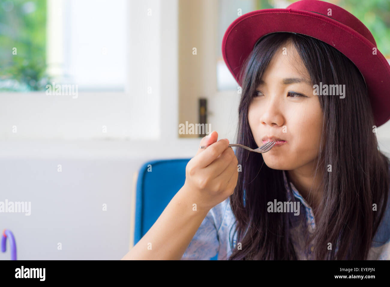 Beautiful young asian woman eat sweet cake food, Strawberry cake in ...