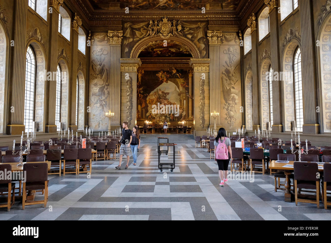 A wide view of the interior of the painted hall at the old royal naval ...