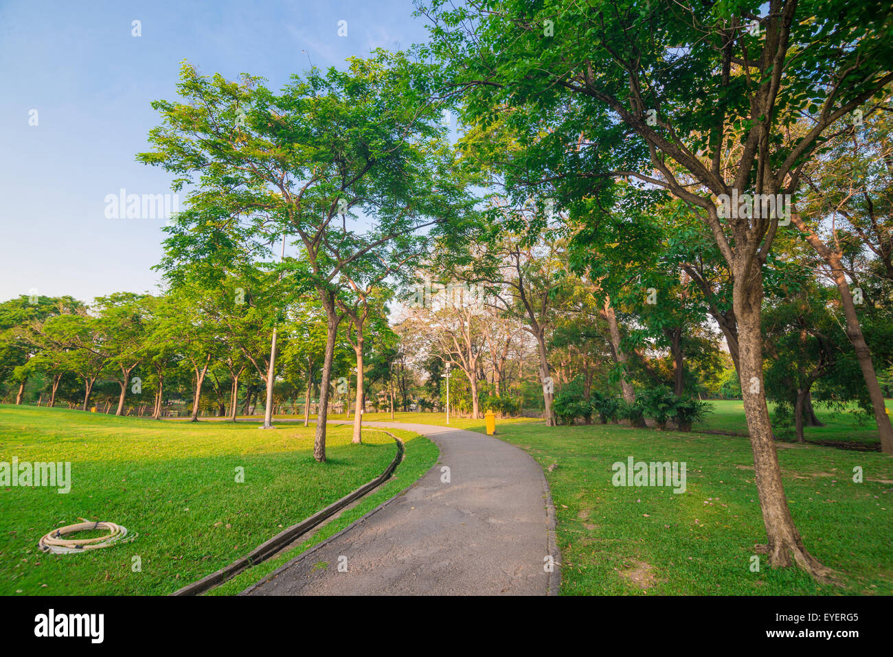 Paved path curving through the park. Peaceful pathway curves through a ...