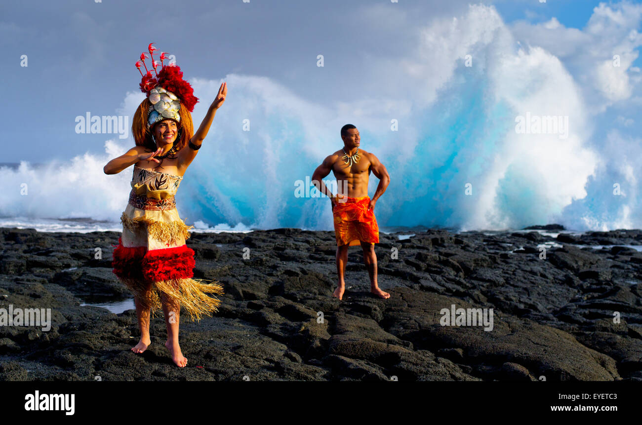 Samoans in traditional costume at the blowholes; Savaii Island, Samoa ...
