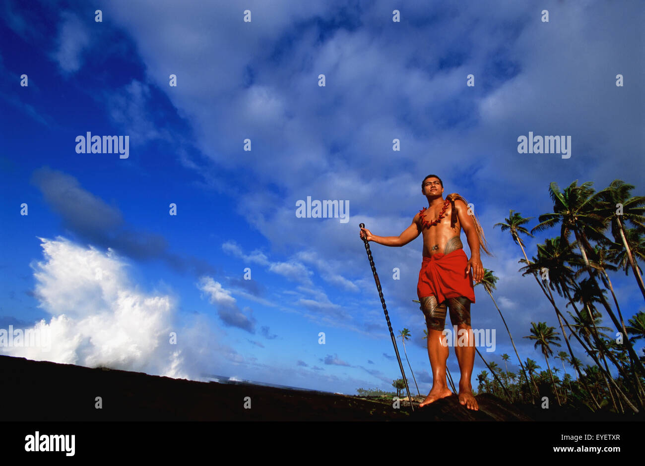 Samoan with body tattoo in traditional attire; Savaii Island, Samoa ...