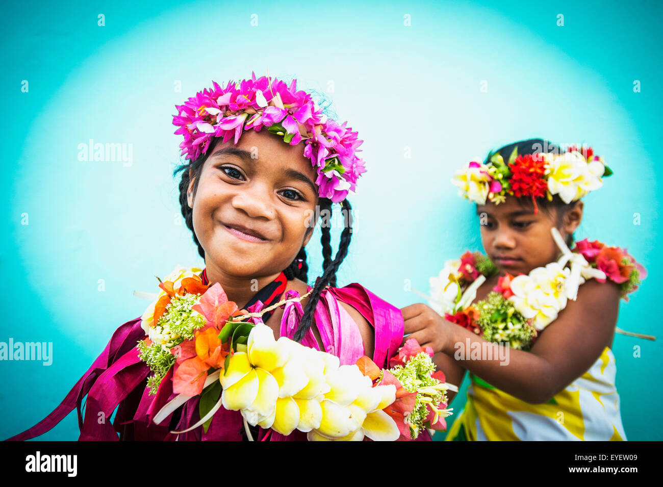 Two young girls in fresh floral garlands; Tuvalu Stock Photo - Alamy