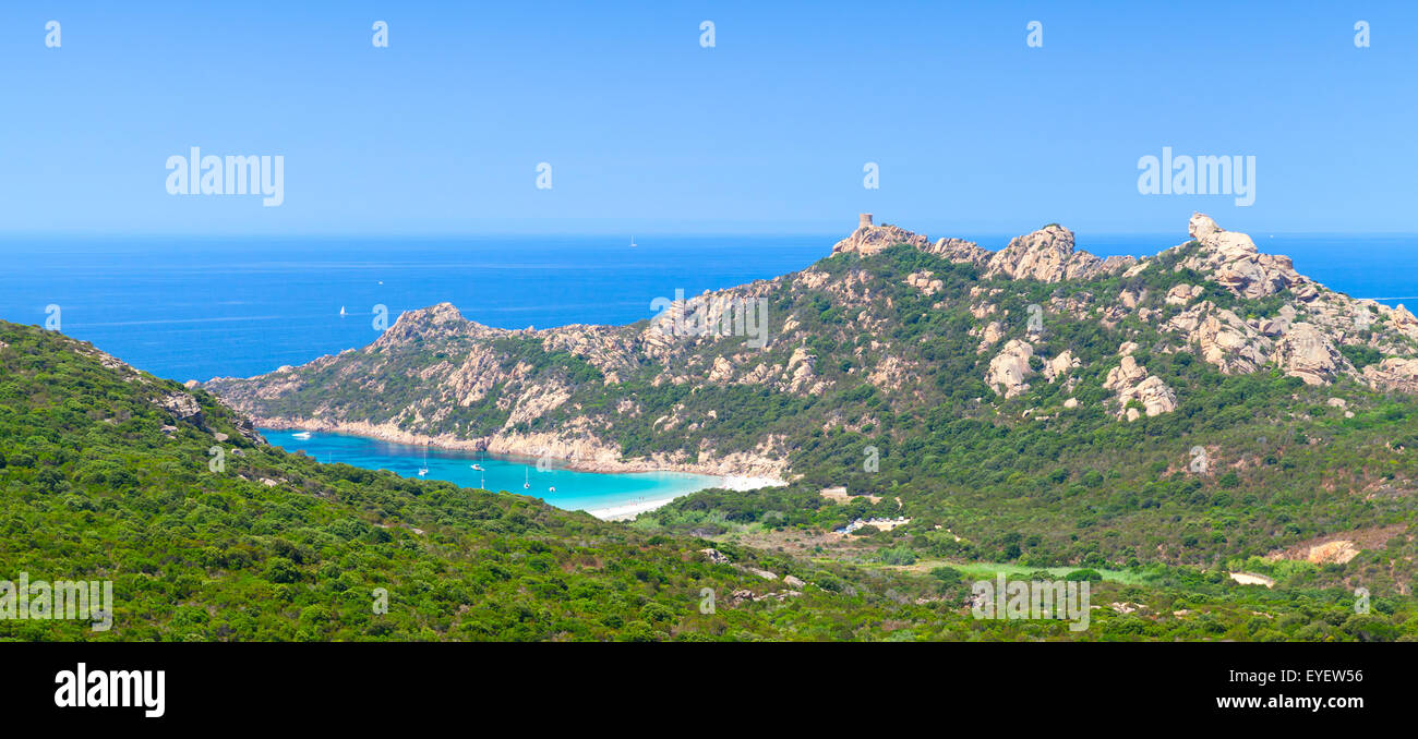 Corsica island, coastal panoramic landscape with mountains and beach ...
