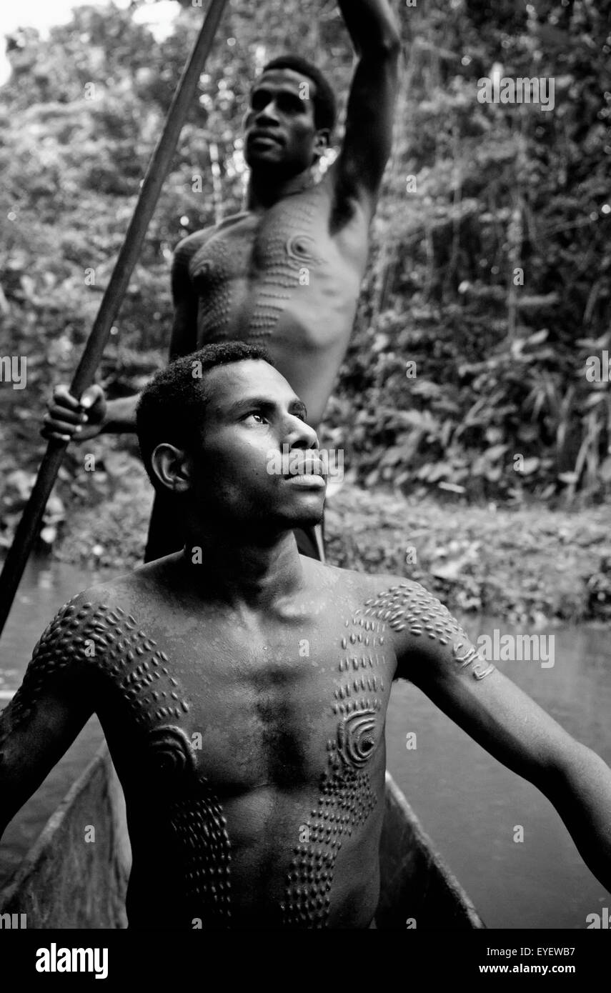 Initiates from the crocodile scarification ceremony; Sepik River, Papua ...