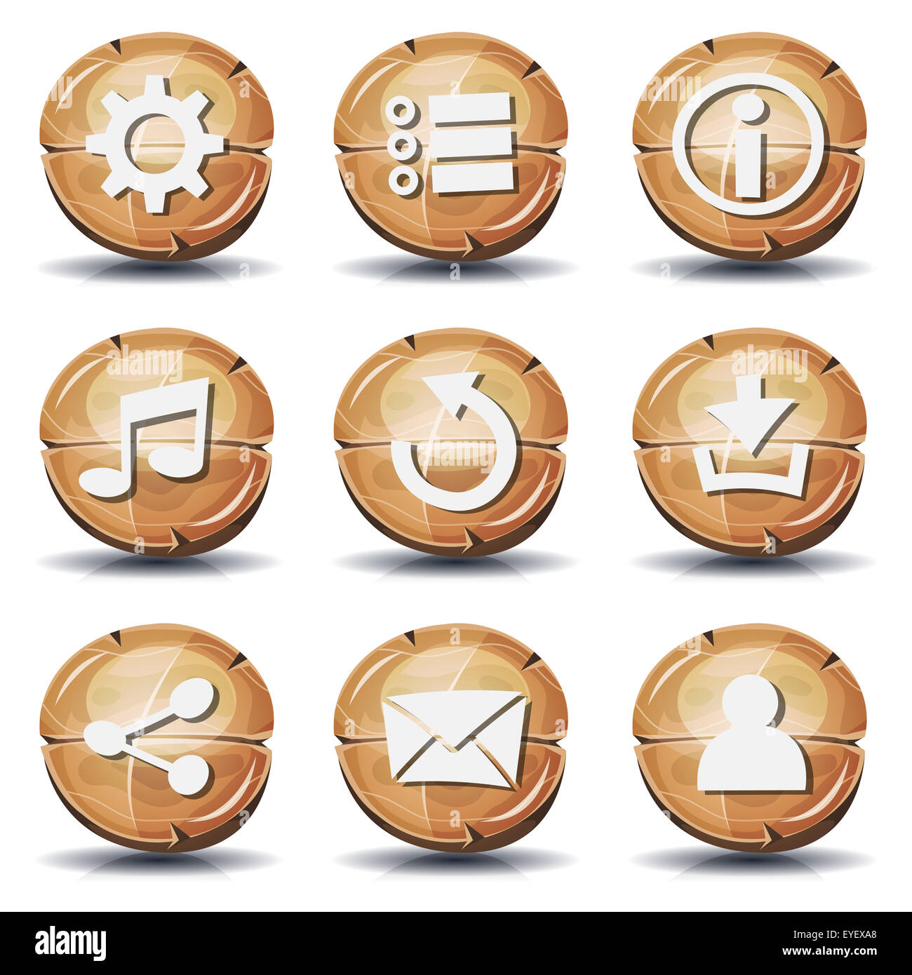 Illustration of a set of cartoon comic wooden gui icons and buttons ...