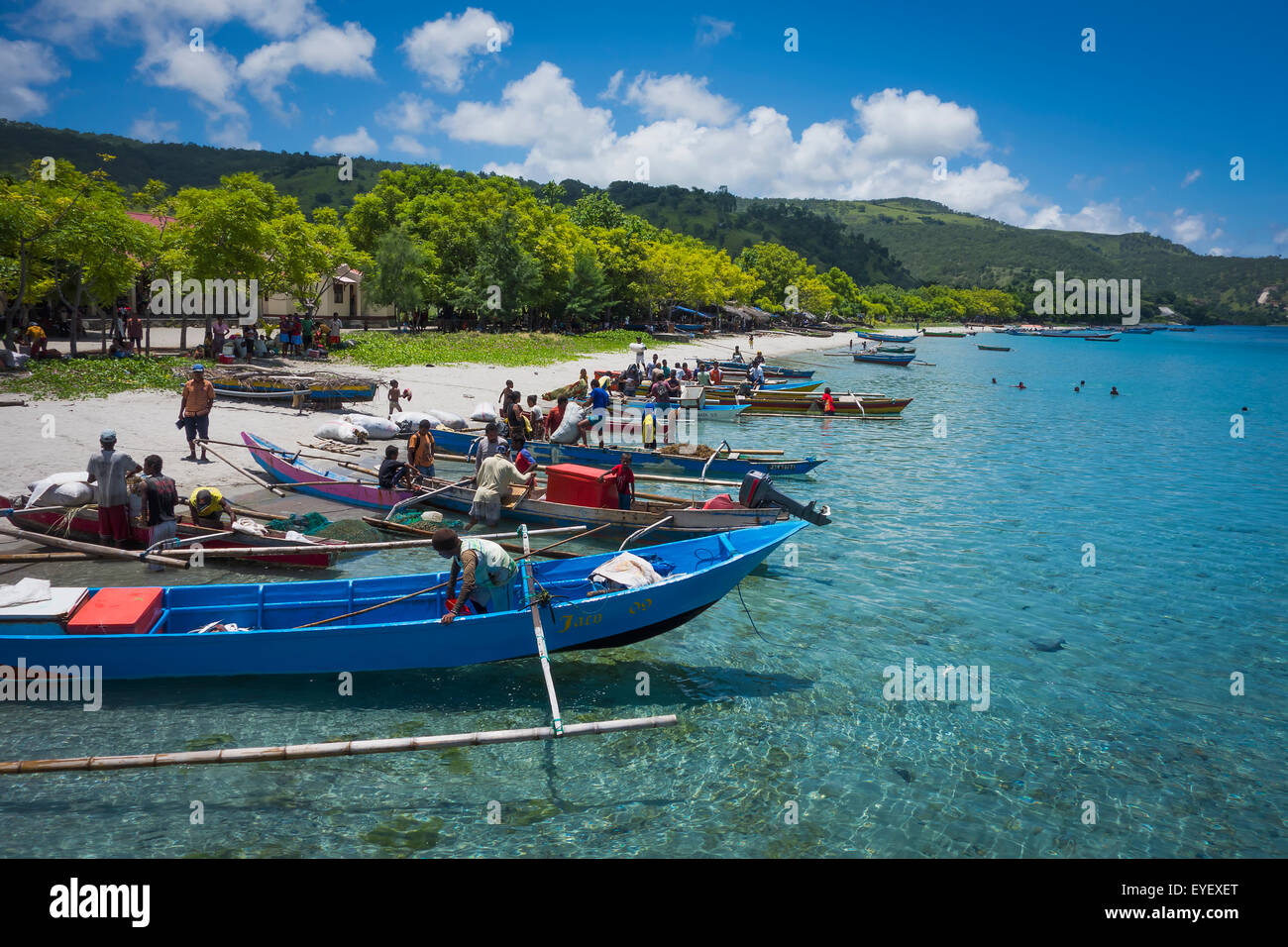 Boats lined up along the shore of Atauro Island beach; Atauro Island ...