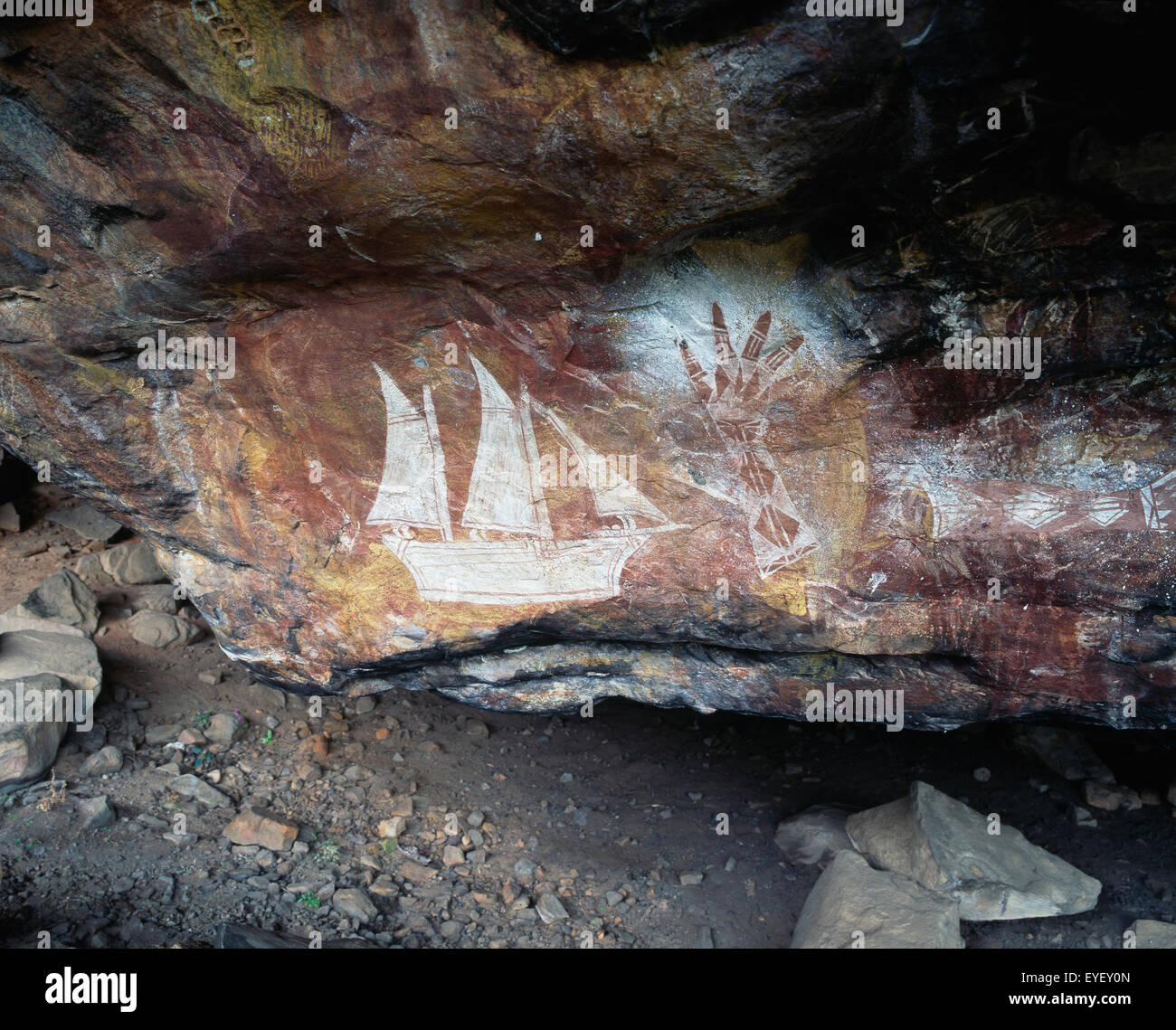 Aboriginal rock art in Arnhem Land depicting the arrival of the first ...