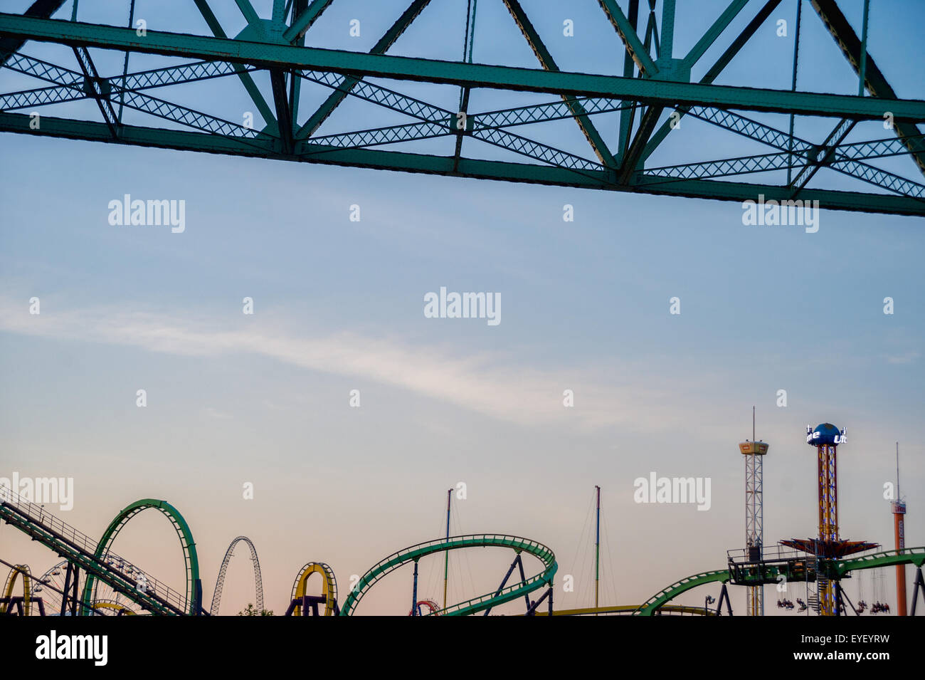 Backlight picture of Montreal rides at La Ronde Amusement Park, with ...