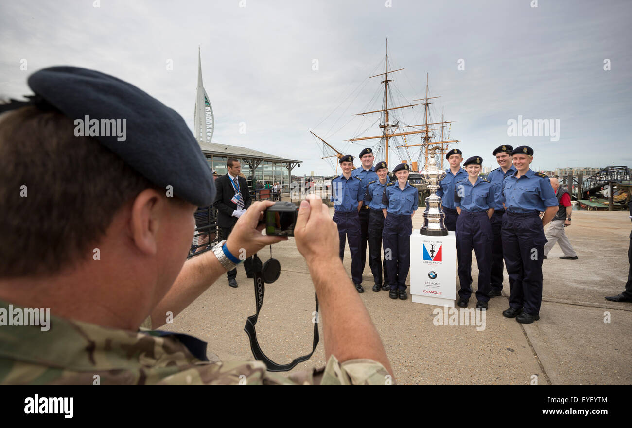 Royal Navy cadets have their picture taken with the America's Cup ...