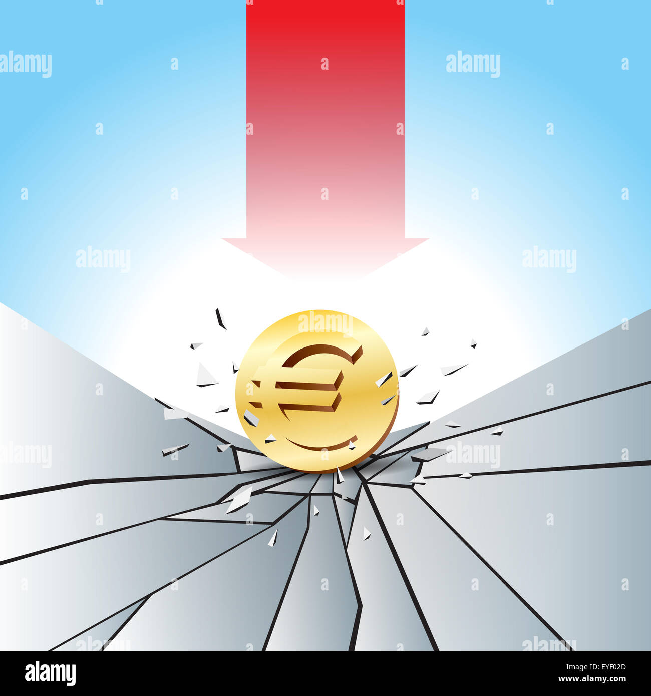 Vector illustration of Euro gold coin smashed to the cracked ground ...