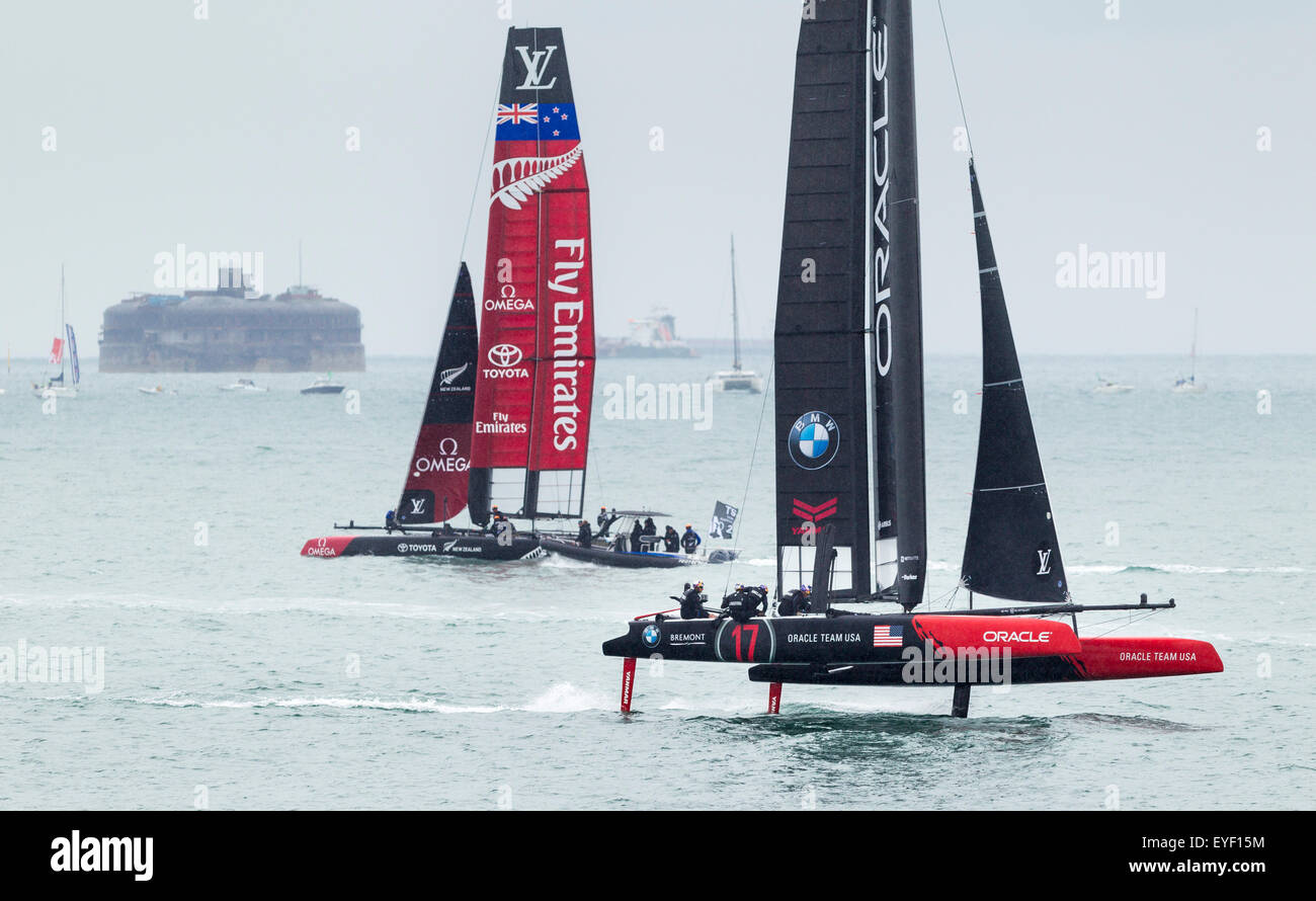 The AC45 foiling catamarans of Oracle Team USA (right) and Emirates ...