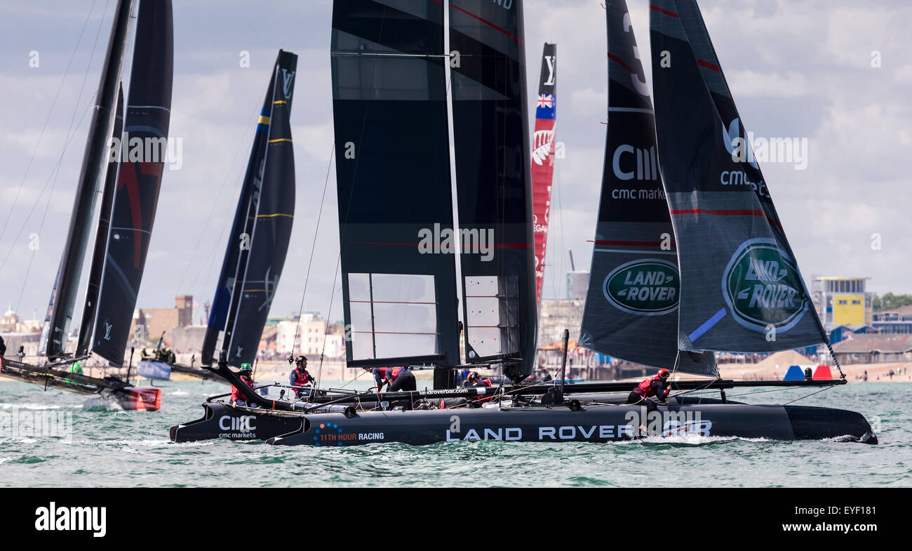 Sir Ben Ainslie's AC45 catamaran leading the fleet during the first day ...