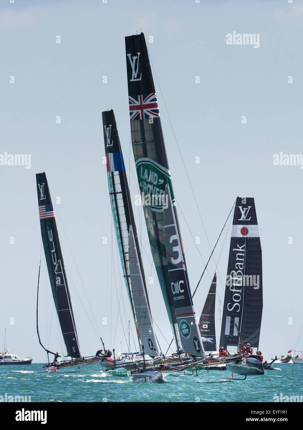 The AC45 foiling catamaran of Land Rover BAR leads (in order) Groupama ...