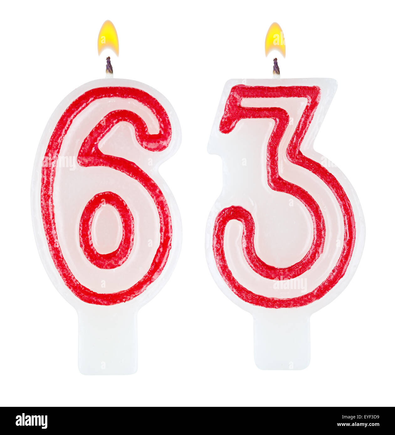 Birthday candles number sixty three isolated on white background Stock ...