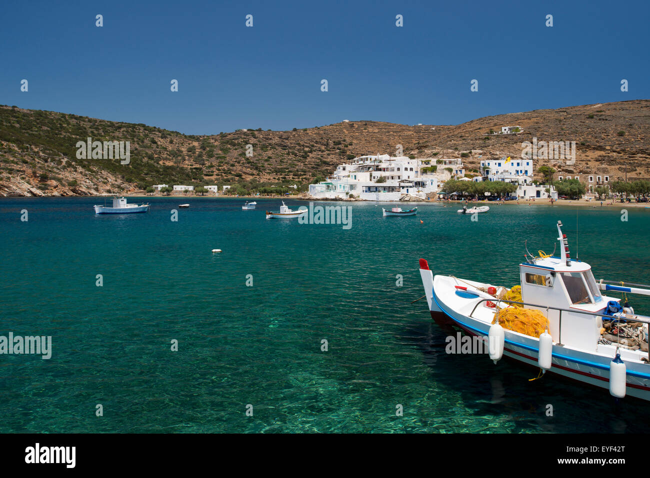 A colourful wooden fishing boat in the harbour in Faros in Southeastern ...