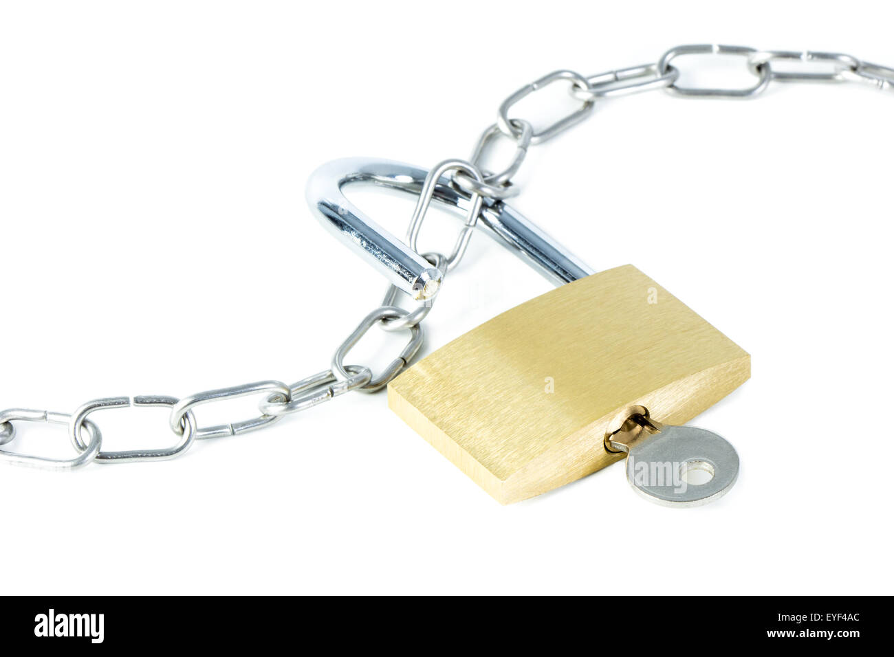 Metal chain and an unlocked padlock with key in the keyhole, isolated ...