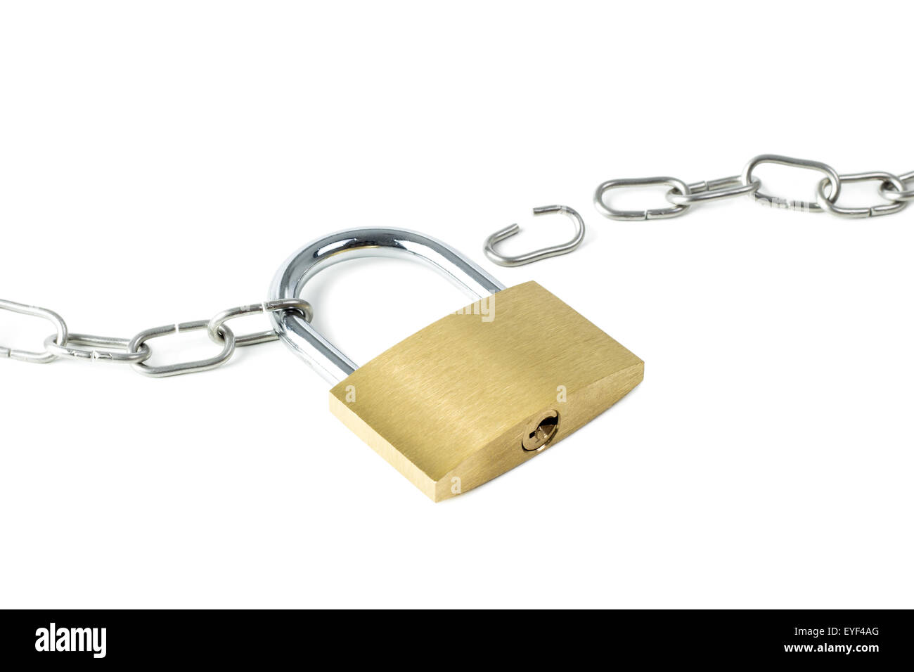 Broken metal chain and a locked padlock showing keyhole, isolated on ...