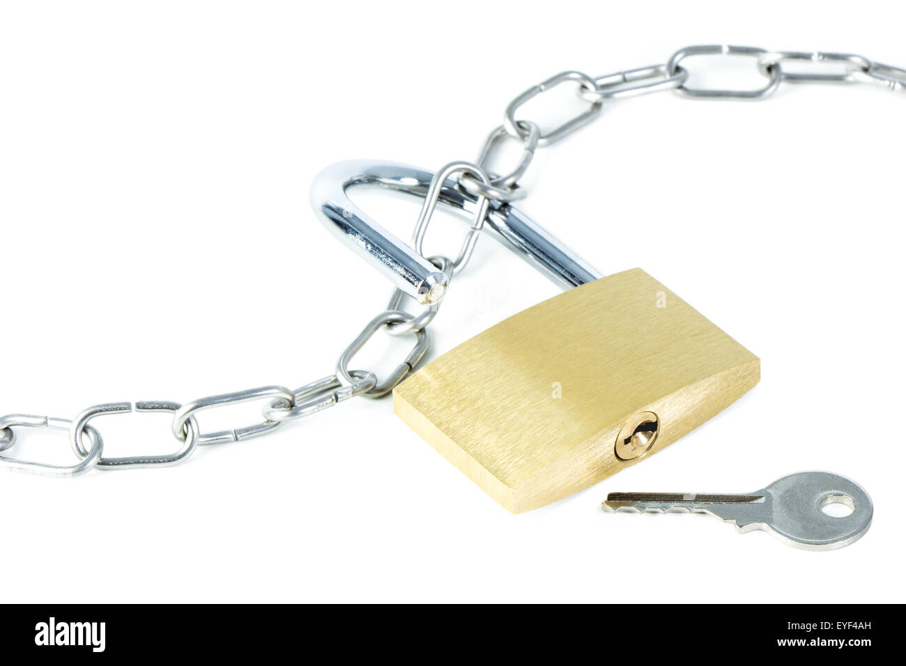 Metal chain, an unlocked padlock showing keyhole and a key, isolated on ...
