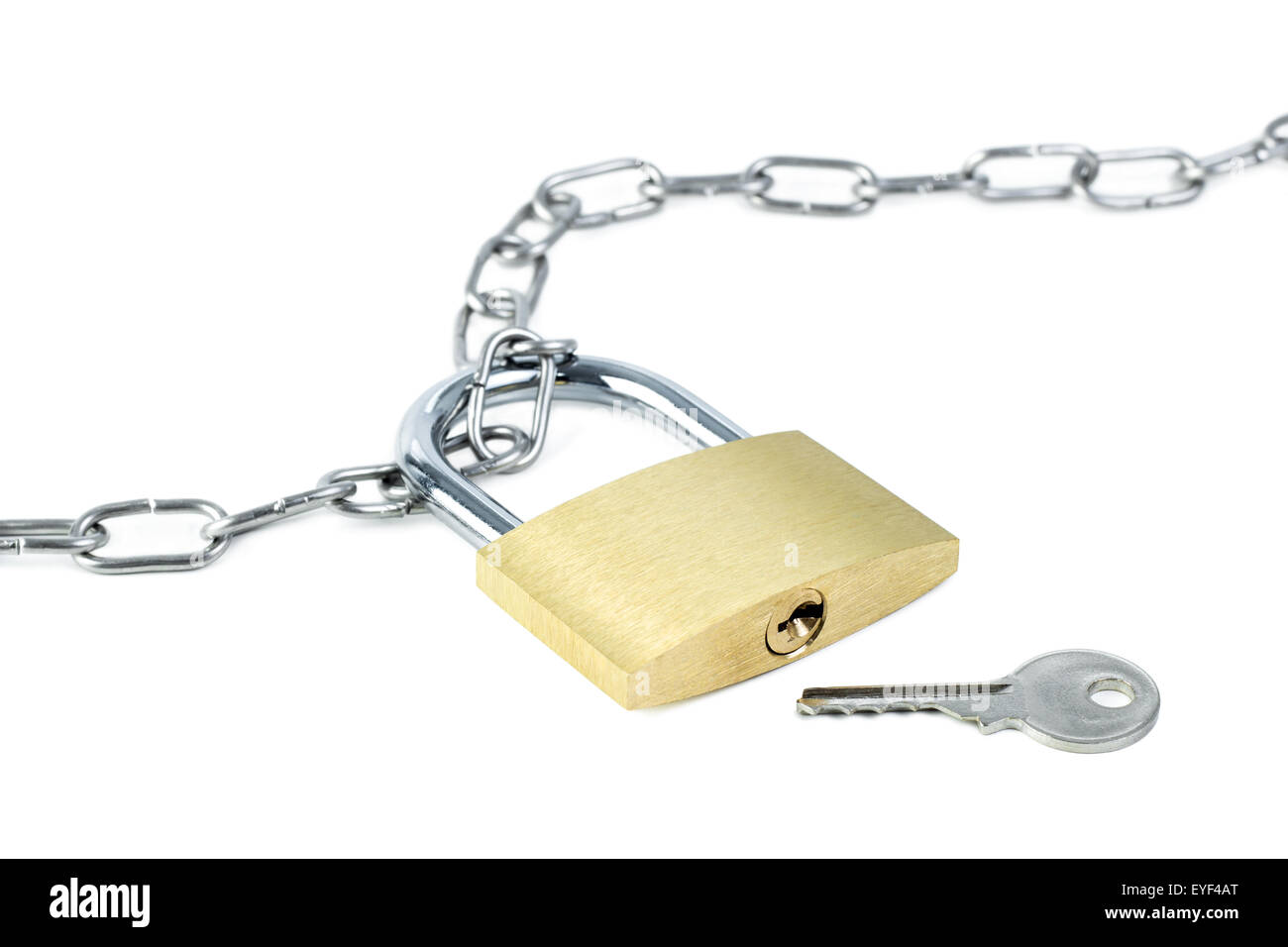 Metal chain, locked padlock showing keyhole and a key, isolated on ...