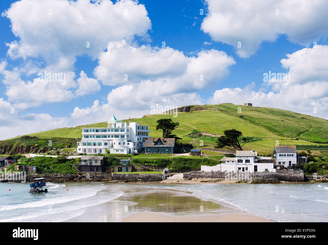 The Burgh Island Hotel and Pilchard Inn with the sea tractor in the ...