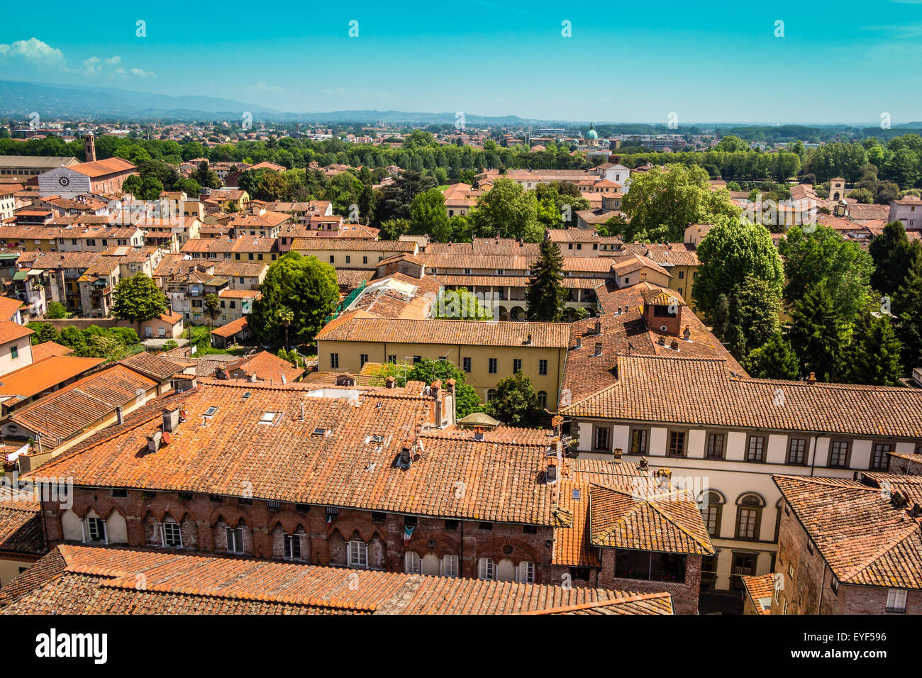 Ancient town and mountains, Lucca, Italy from Guinigi tower Stock Photo ...