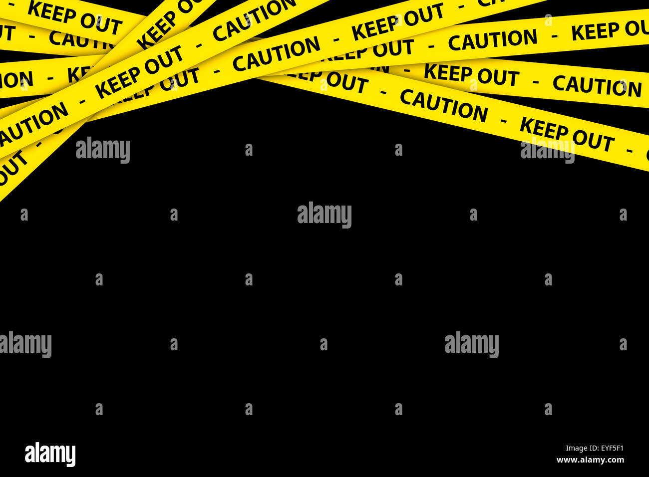 Yellow caution tape strips with text of keep out and caution, on black ...