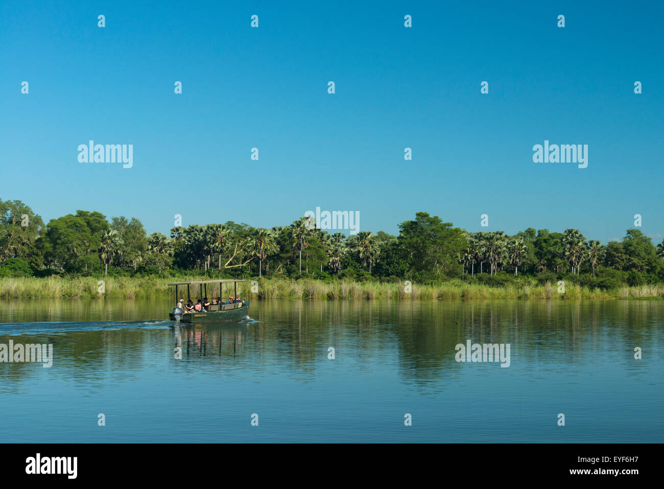 Safari boat going up the Shire River, Liwonde National Park; Malawi ...