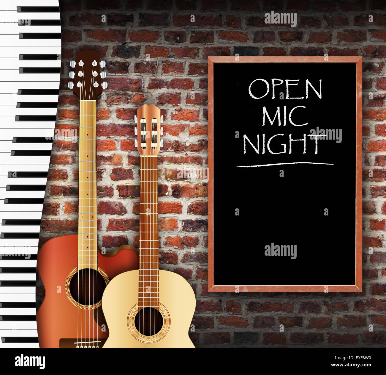 Guitars and keyboard against brick wall background and open mic night ...