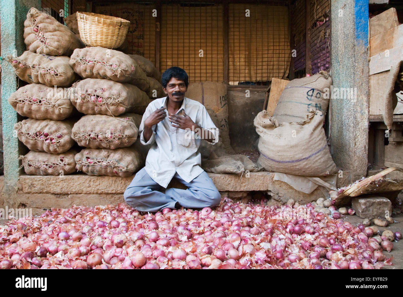 Onion Seller At Devaraja Market In Mysore, Karnataka, India Stock Photo ...