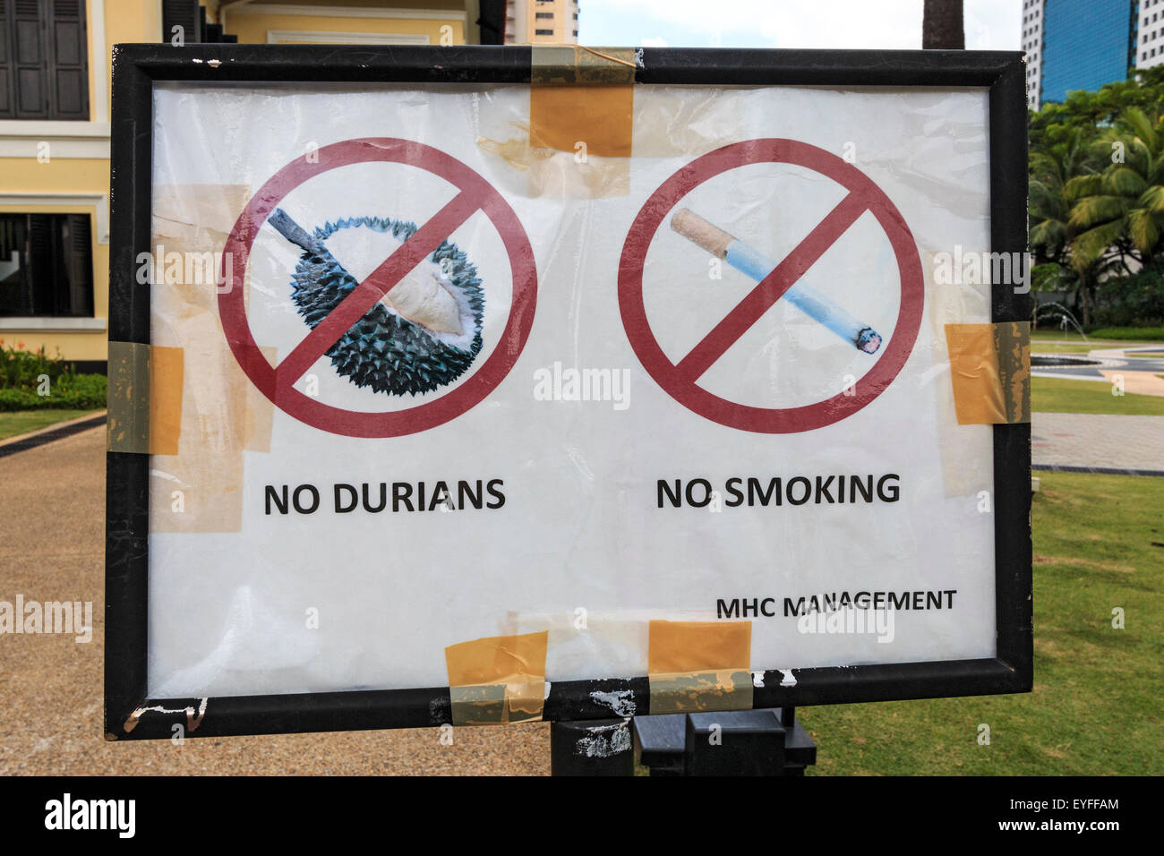A street sign warning people that the infamously smelly durian fruits ...