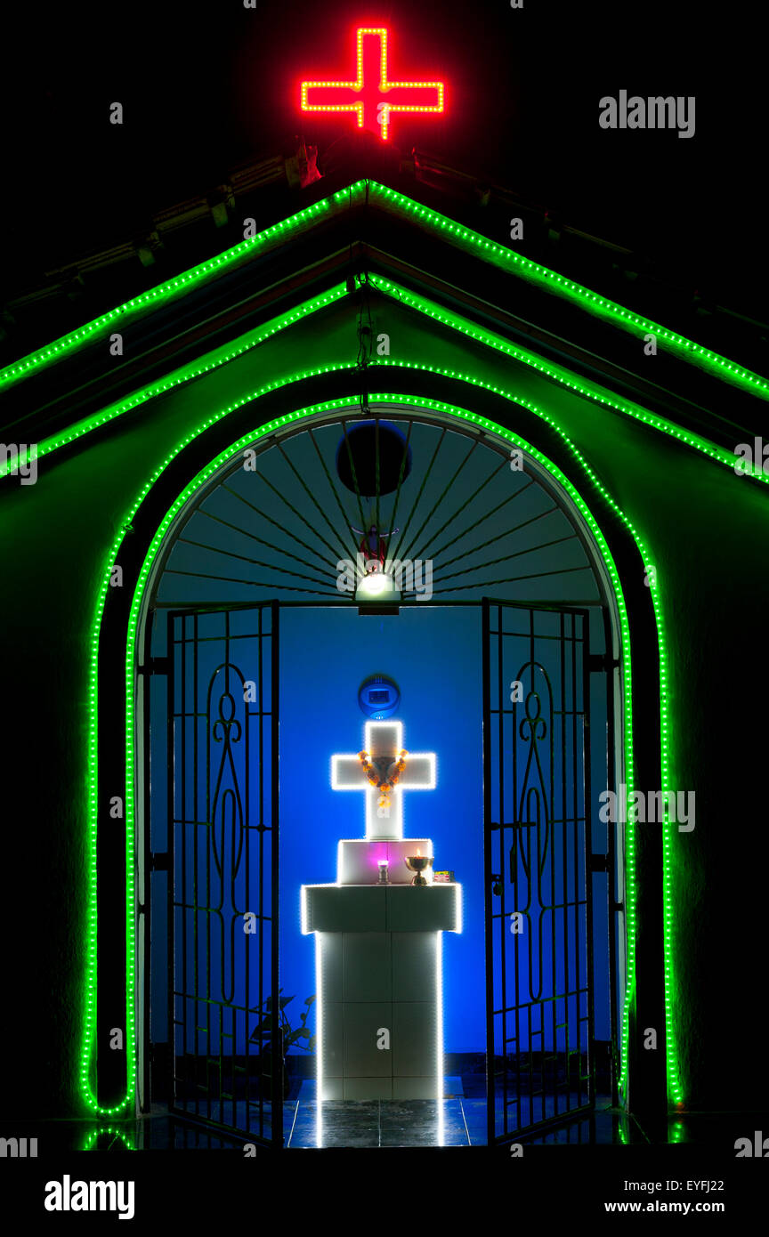 Colourfully lit chapel at night; Goa, India Stock Photo - Alamy