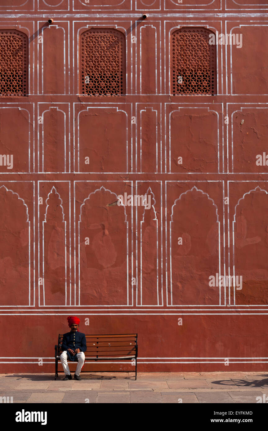 City Palace guard sitting on bench, Jaipur, Rajasthan, India Stock ...